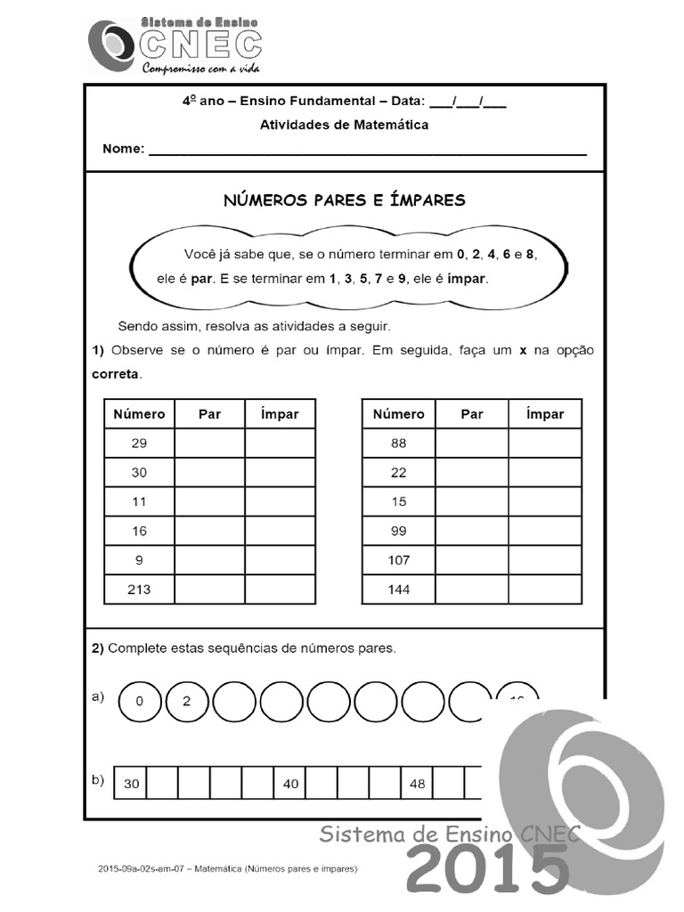 Atividades - Números pares e ímpares | PDF