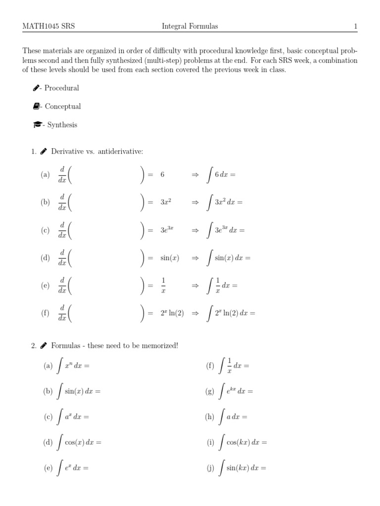 IntegralFormulas | PDF | Mathematical Relations | Functions And Mappings