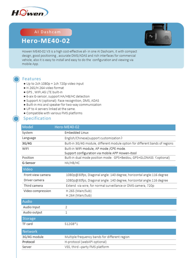 Howen Hero-ME40-02 Dashcam Overview | PDF | 4 G | Wi Fi