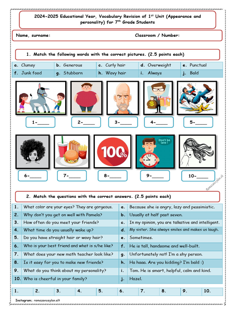 2024-2025, 7. Sınıf, 1.ünite, Vocabulary Revision by Ramazanceylan ...