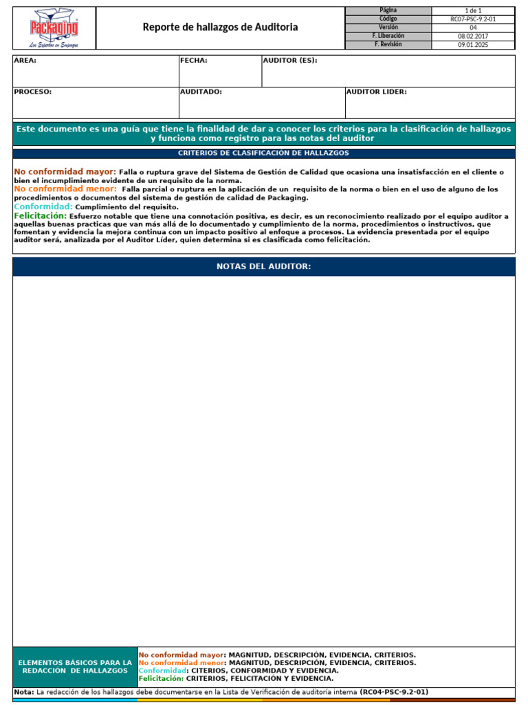 RC07-PSC-9.2-01 Reporte de Hallazgos de Auditoria VER.04 | PDF | Auditoría