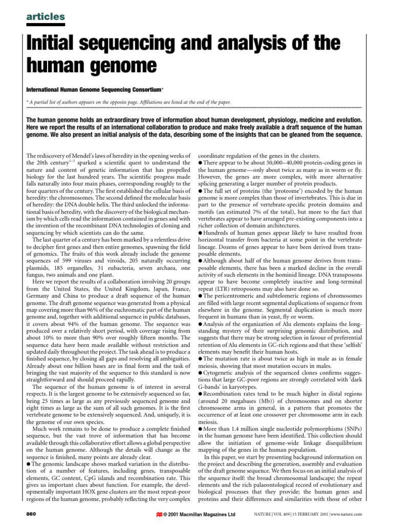 Initial Sequencing and Analysis of The Human Genome | PDF | Dna Sequencing | Genome