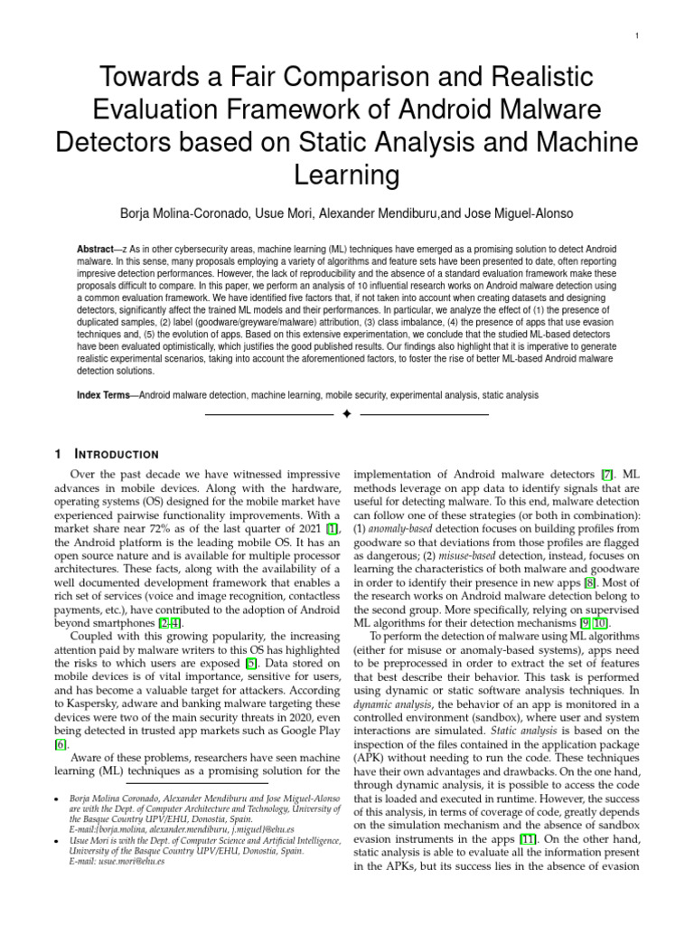 Towards a Fair Comparison and Realistic Evaluation Framework of Android Malware | PDF | Malware ...