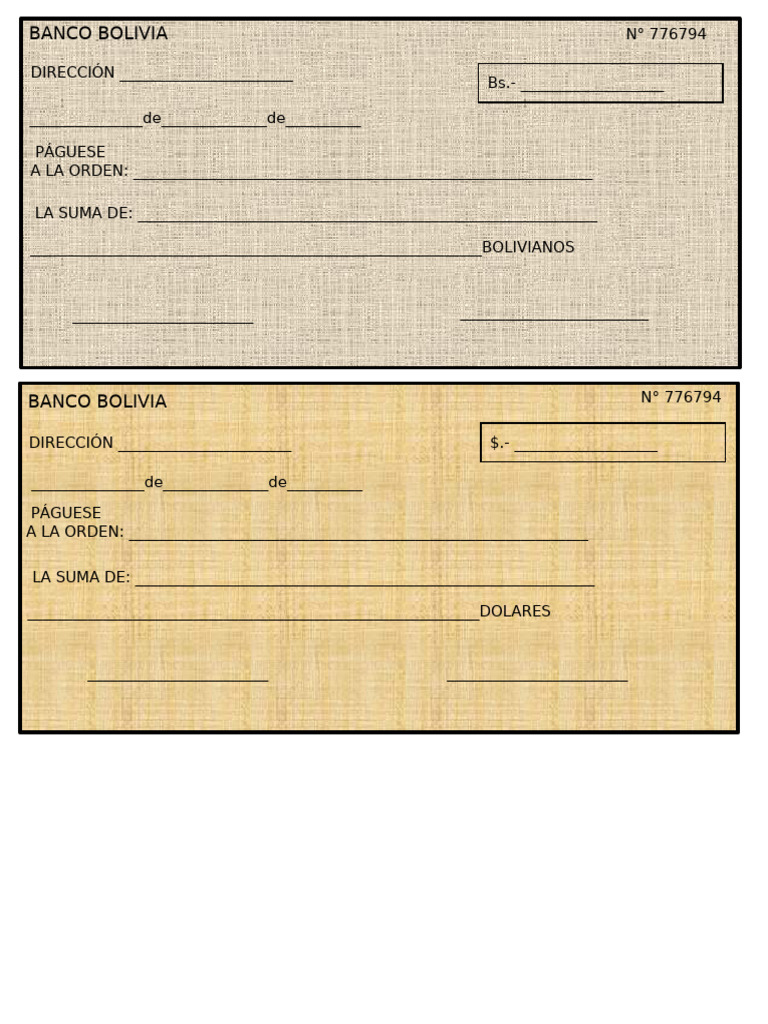 Formato de Cheque en Blanco Bolivia | PDF