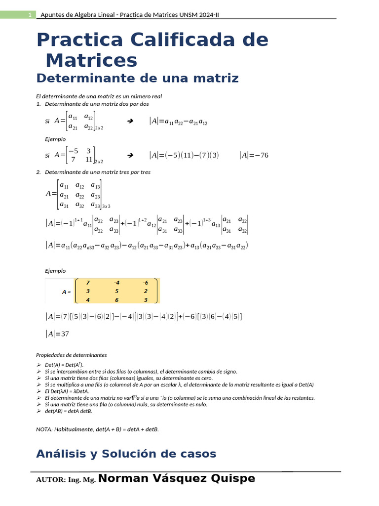 SA04 Práctica Calificada de Matrices | PDF | Matriz (Matemáticas) | Determinante