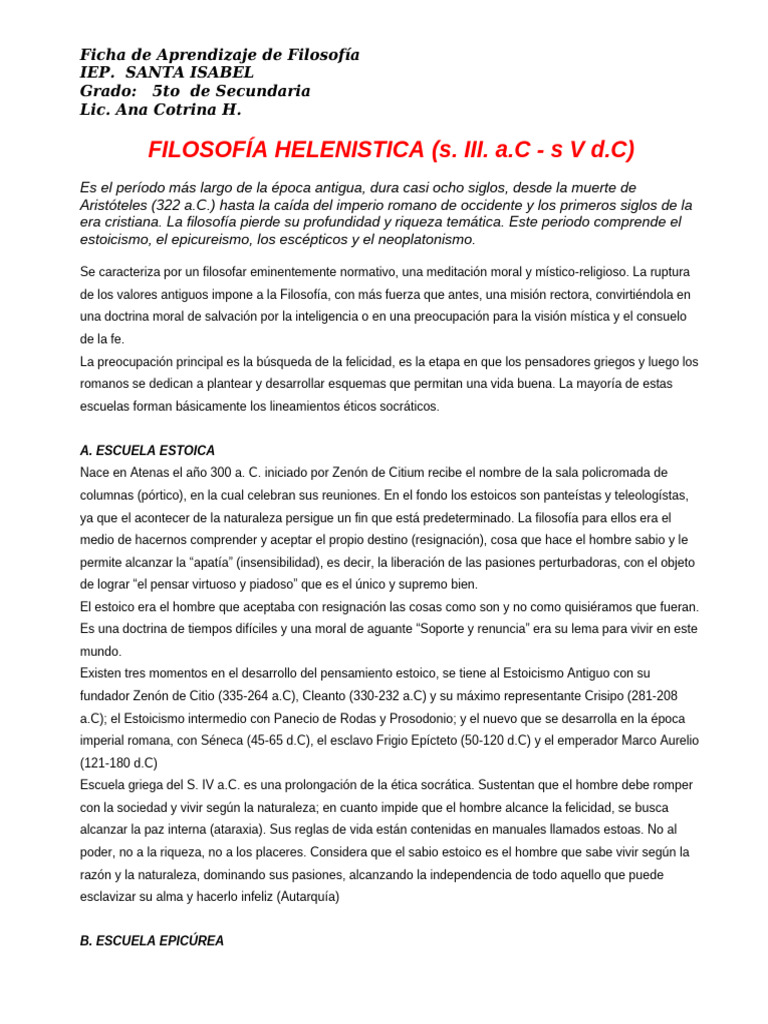 Filosofía Helenística: Estoicismo y Epicureísmo | PDF | Estoicismo ...