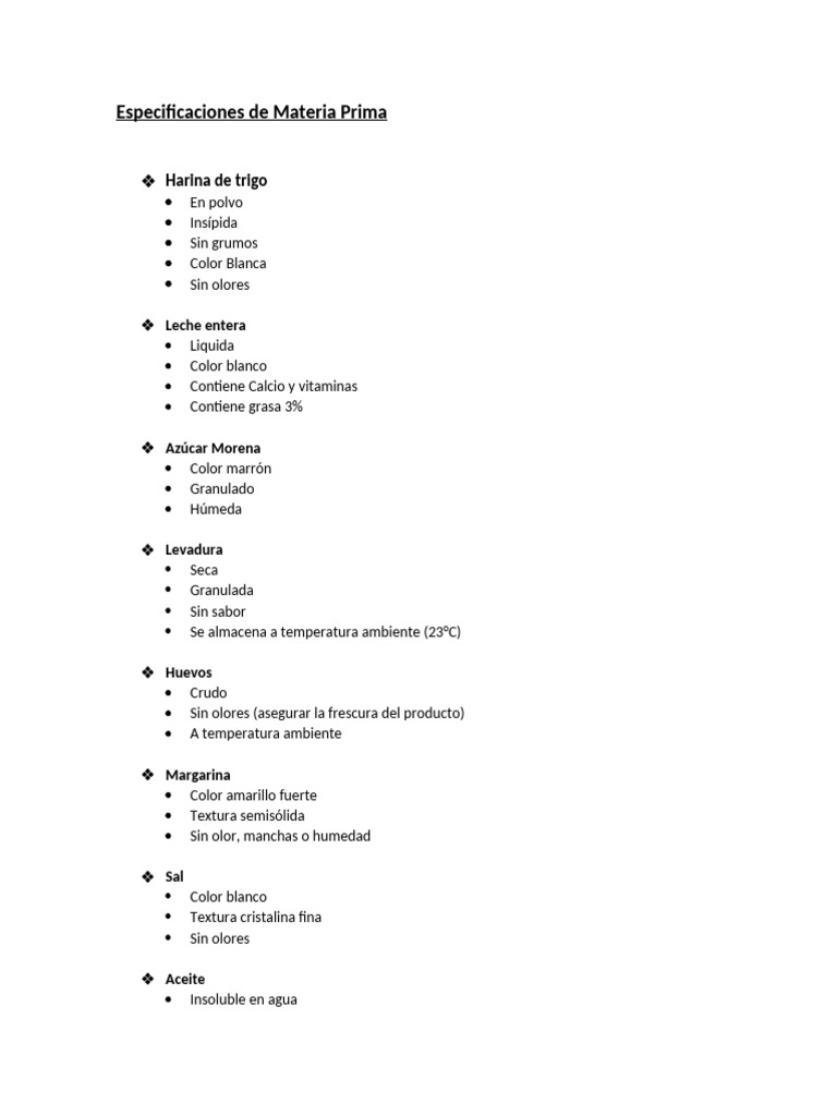 Especificaciones de Materia Prima | PDF