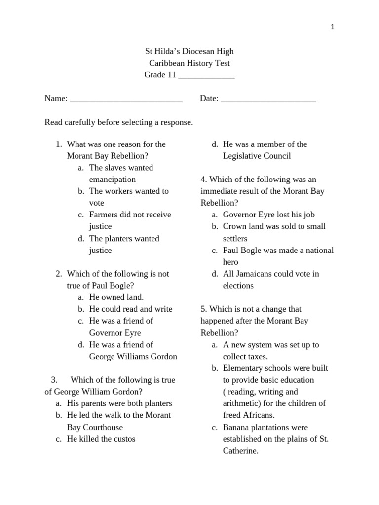 Grade 11 Caribbean History Test | PDF | Slavery