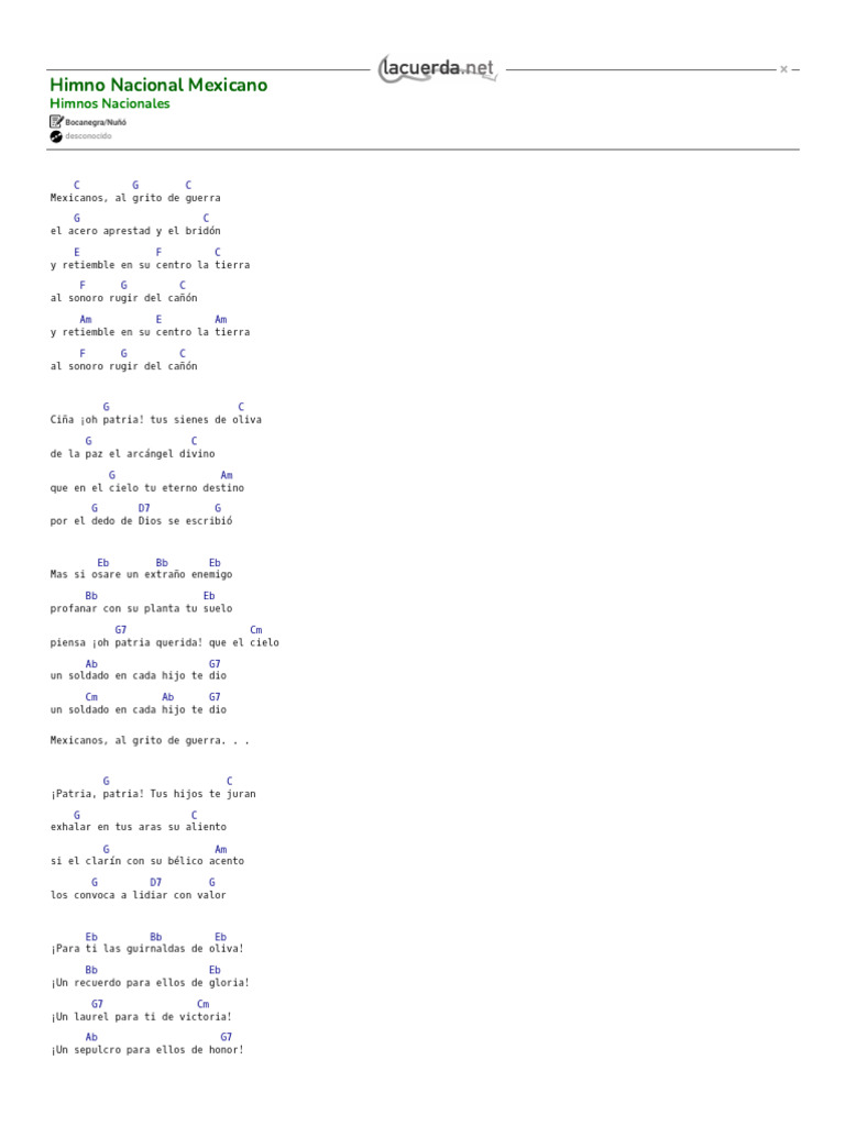 Himno Nacional Mexicano, Himnos Nacionales - Acordes | PDF