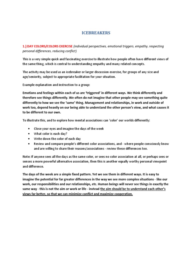 Icebreakers: 1.) Day Colors/Colors Exercise | PDF | Empathy | Emotions