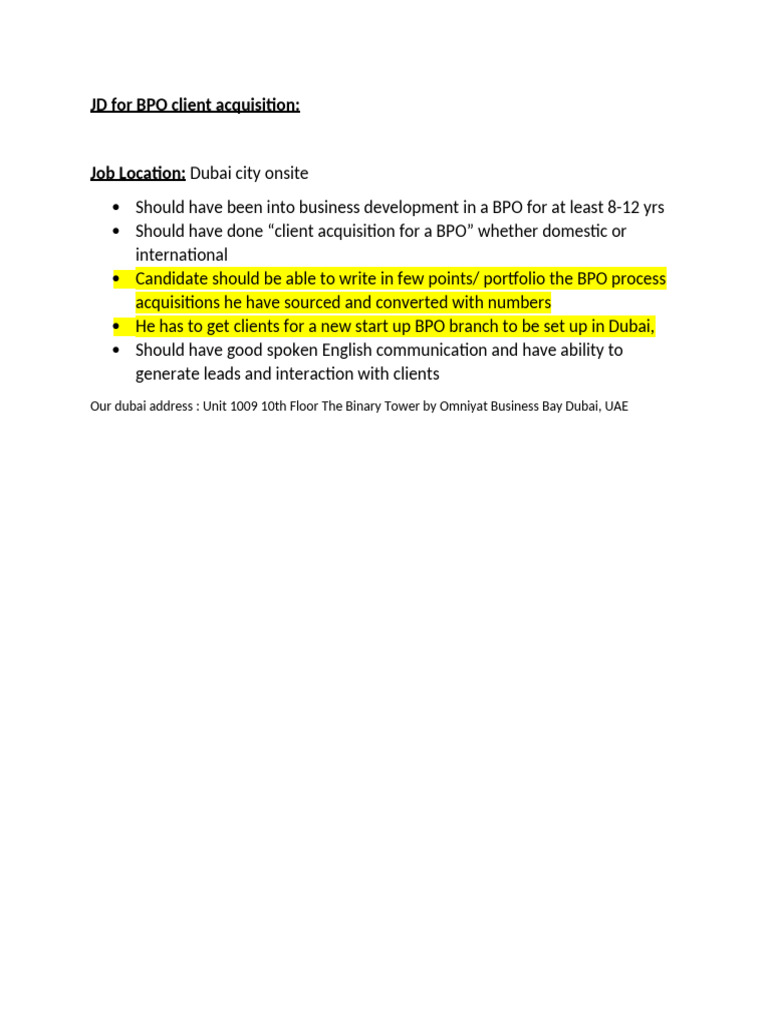 JD for BDM BPO Client Acquisition | PDF