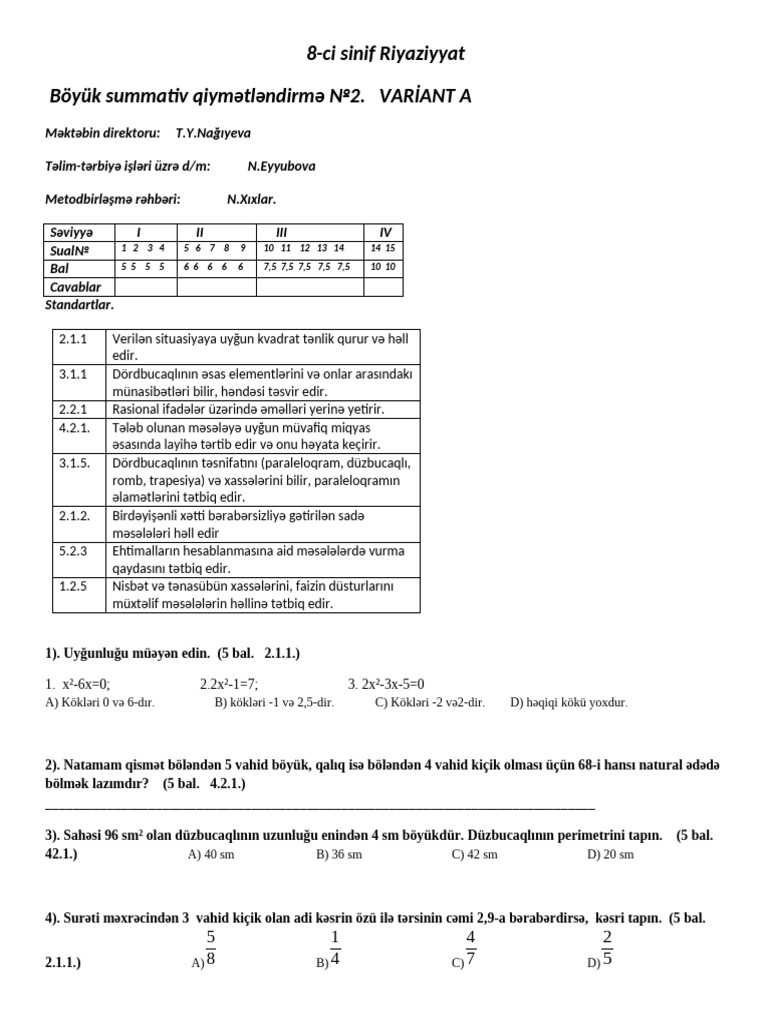 8-ci sinif Riyaziyyat BSQ 2 VARİANT A | PDF
