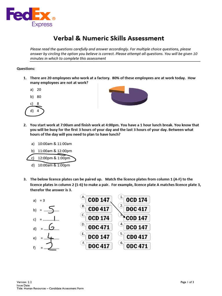 Verbal & Numeric Skills Assessment (FedEx Express) | PDF