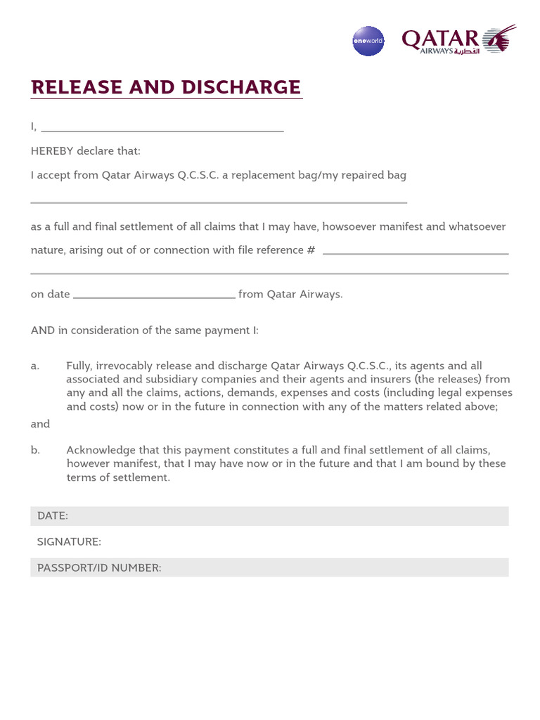 Qatar Airways Release and Discharge Form | PDF
