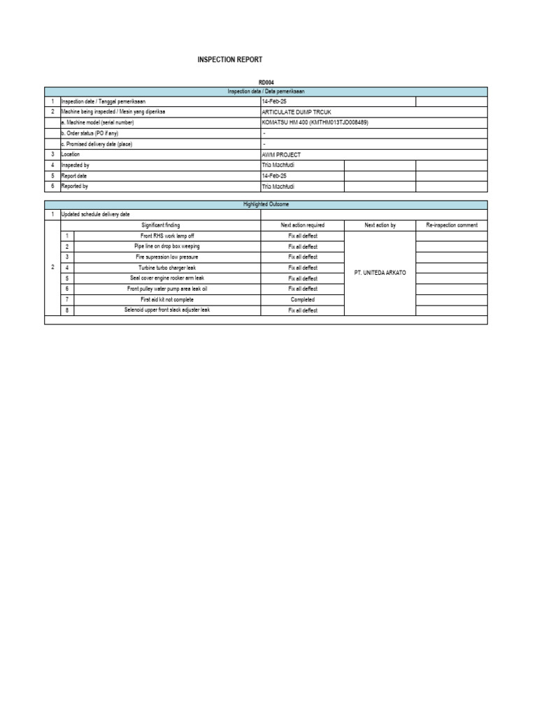 Inspection Report Adt Komatsu HM400-3R RD004 Pt. Uniteda Arkato | PDF ...