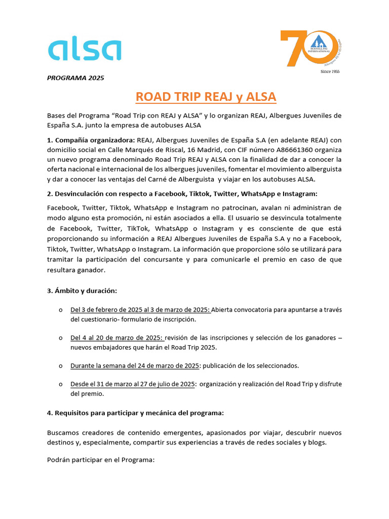 Bases Road Trip Alsa y REAJ 2025 | PDF