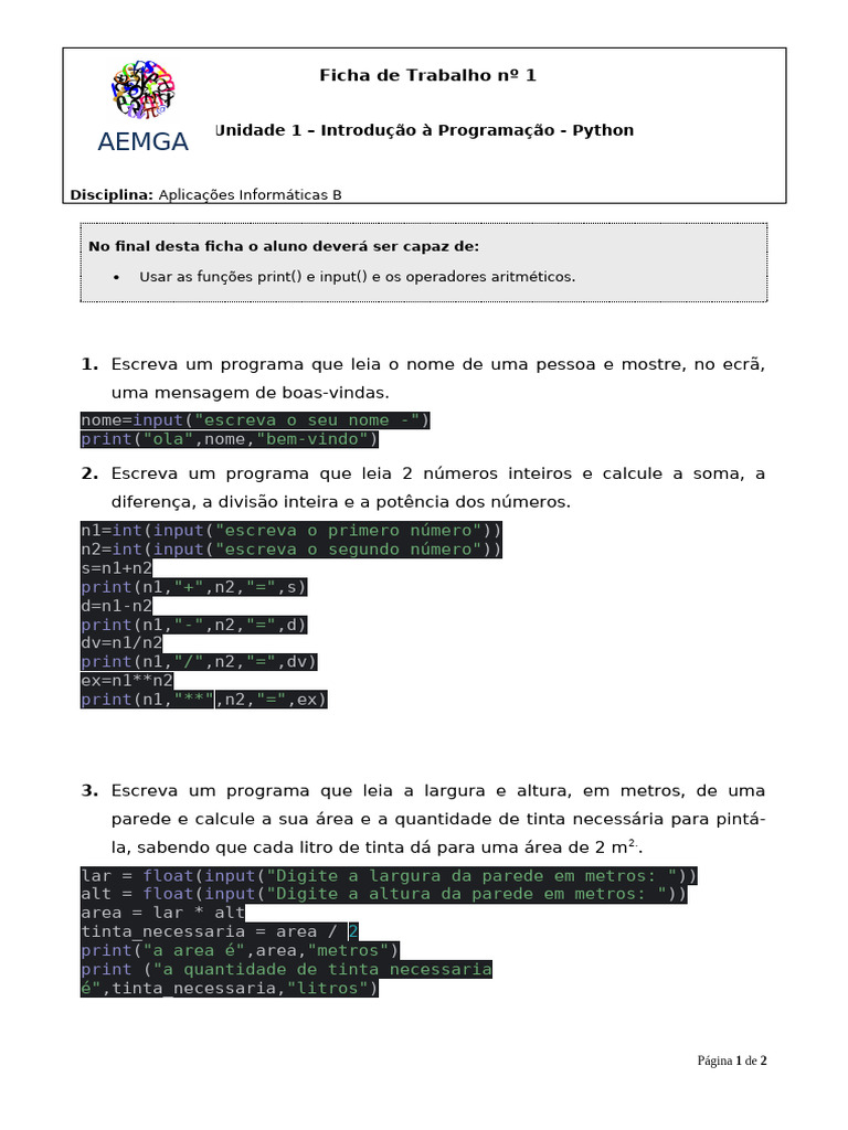 Ficha 1 - Python | PDF