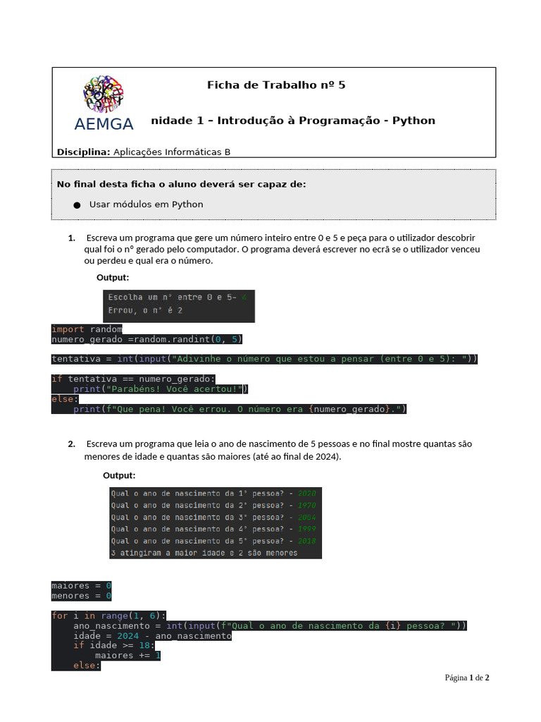 Ficha 5 - Python - Módulos | PDF