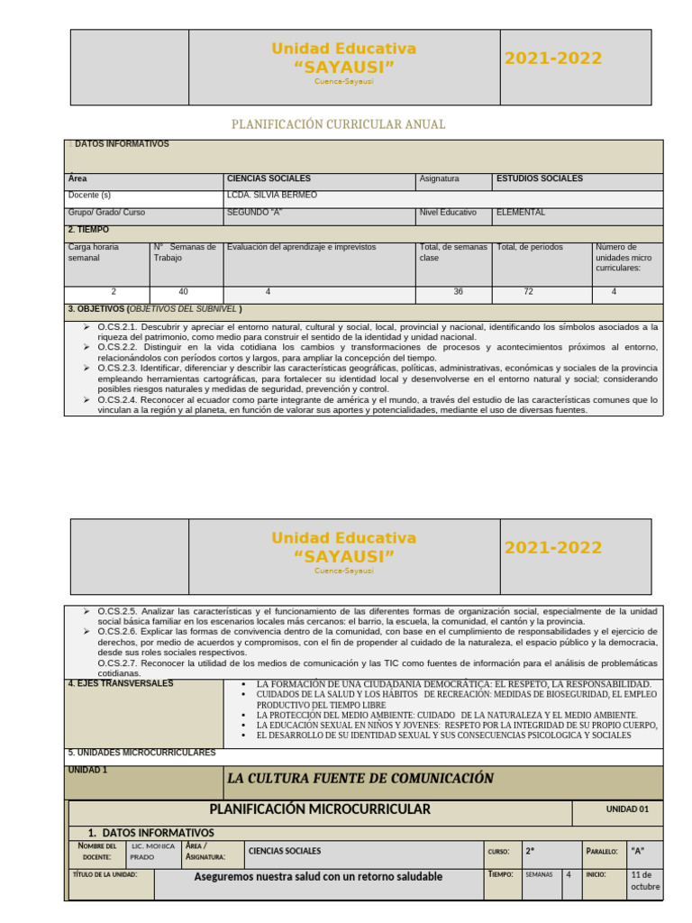 Pca Eess 2do A Matutina 2021.2022 Lic. Silvia Bermeo | PDF | Familia | Escuelas