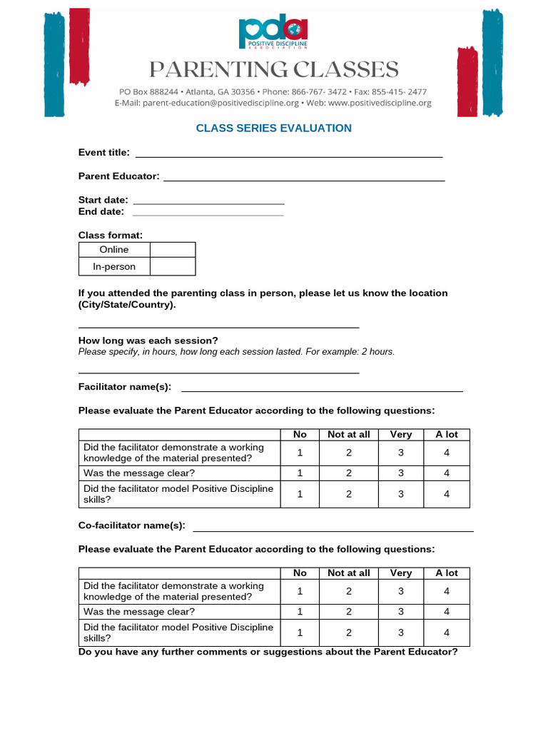 Parent Education Class Evaluation Form | PDF | Facilitator | Learning