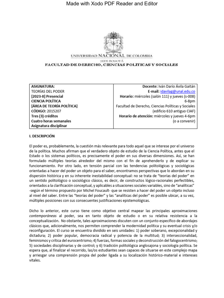 PROGRAMA Teorías Del Poder 2023-II Iván Ávila | PDF | Sociología | Michel Foucault