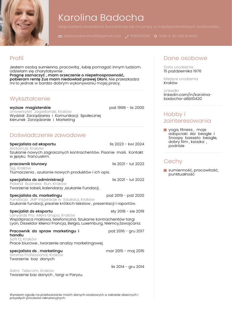 Karolina Badocha Cv Polish | PDF