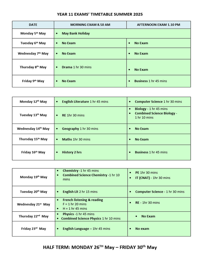 Year 11 Exam Timetable 2025 | PDF