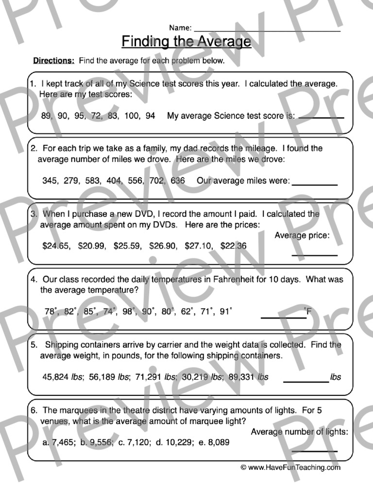Finding Average Worksheet 2 Preview | PDF