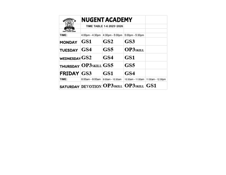 Nugent Academy Grade 1-6 Time Table 2025 2026 - Google Sheets | PDF
