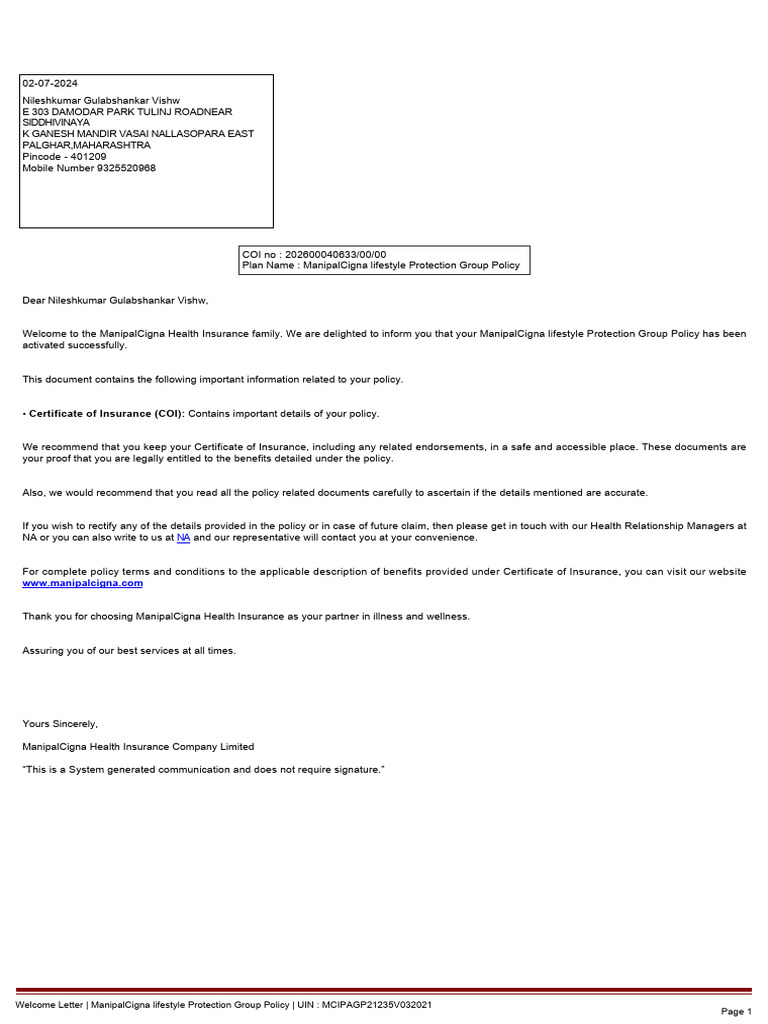 ManipalCigna Group Policy Welcome Letter | PDF