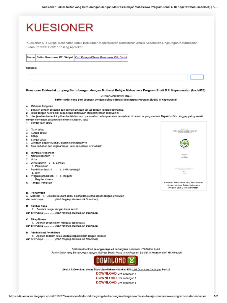 Kuesioner Faktor-faktor Yang Berhubungan Dengan Motivasi Belajar Mahasiswa Program Studi D III ...