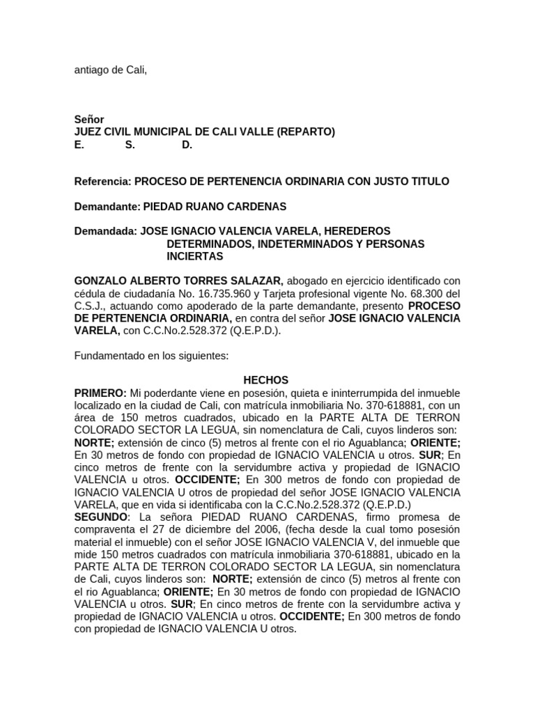 Demanda de Pertenencia | PDF | Posesión adversa | Posesión (Ley)