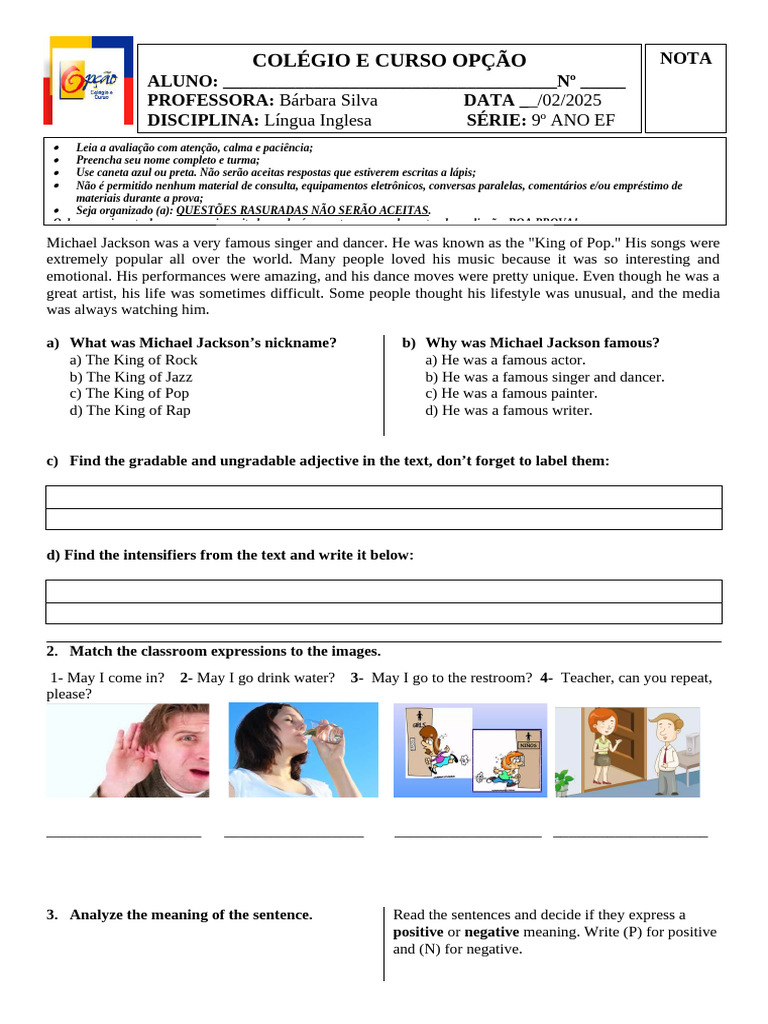 AV1 LINGUA INGLESA 9º ANO | PDF