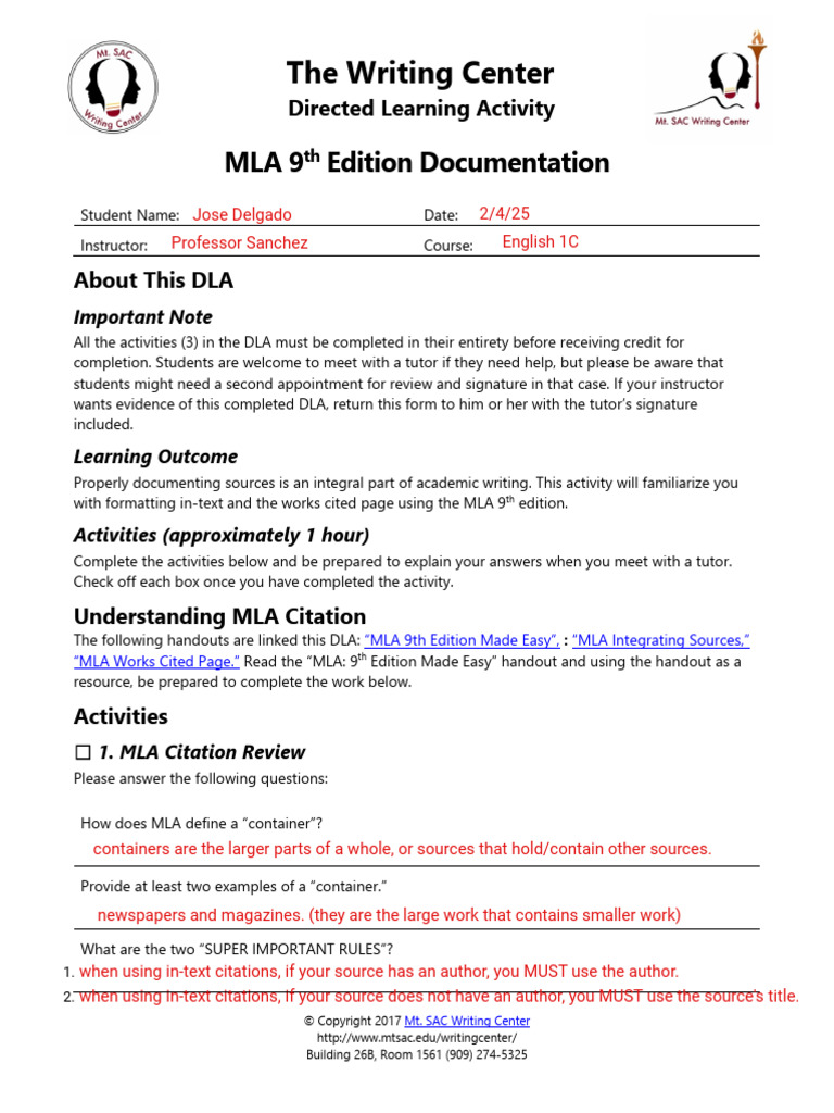 DLA 2 MLA 9th Edition | PDF | Citation