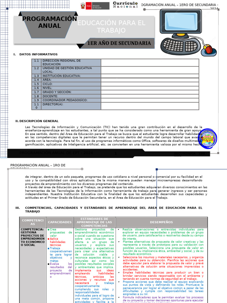 Programación Anual 1º Ept - 2024 | PDF | Microsoft PowerPoint | Evaluación