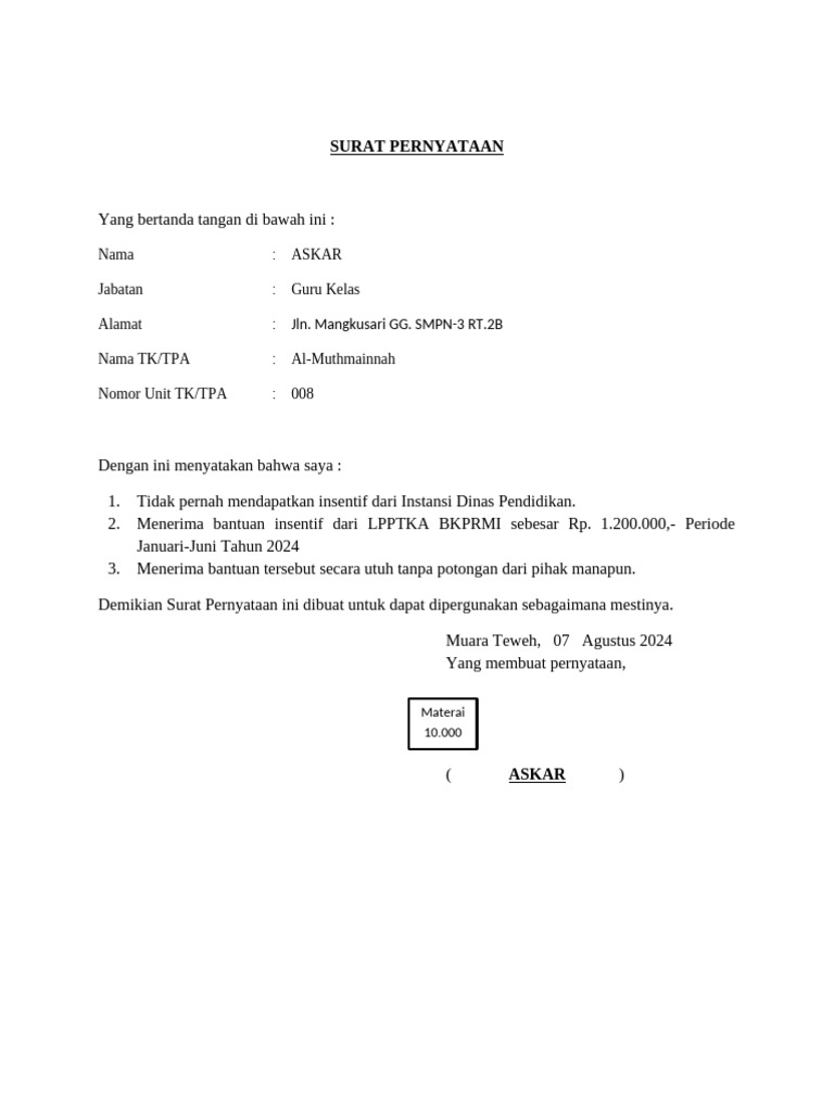 Surat Pernyataan TkA TPA | PDF