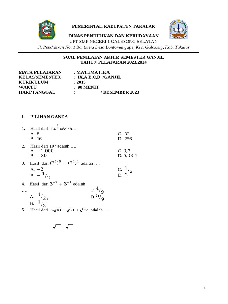 SOAL PAS MTK KLS 9 K13 Sem 1 | PDF