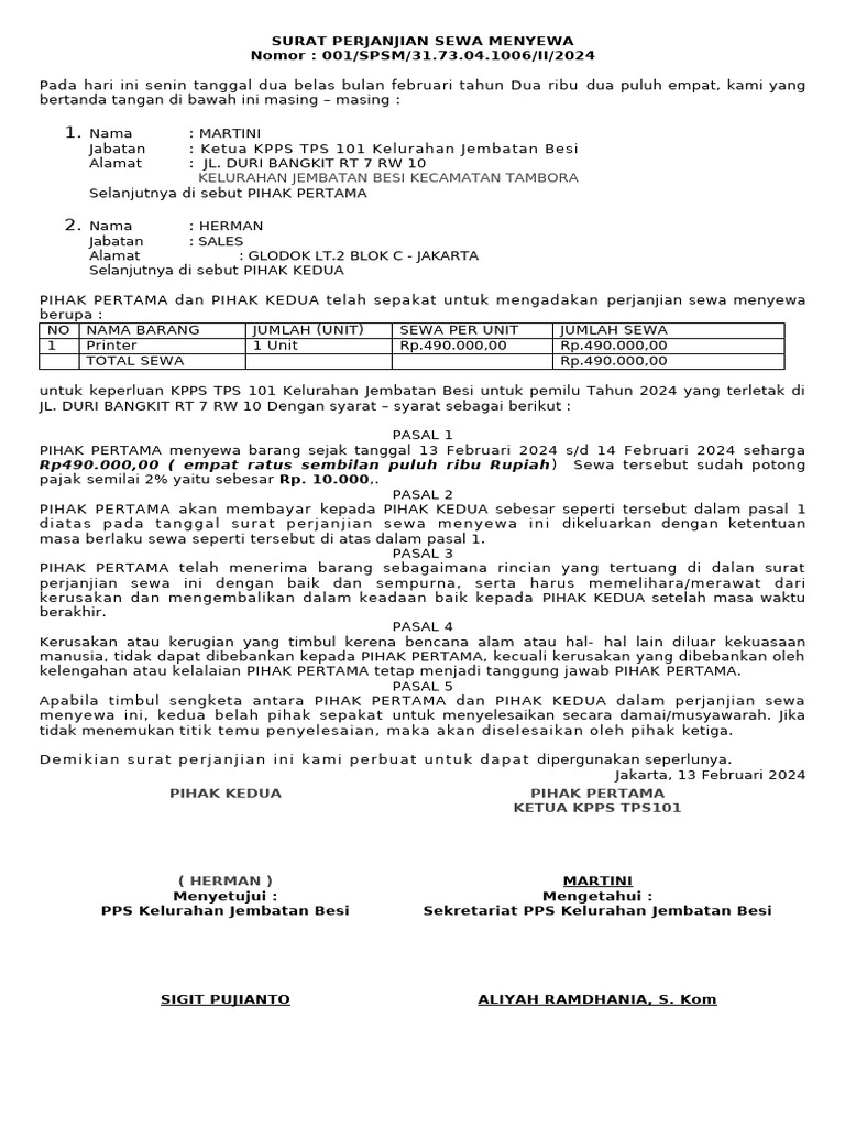 Perjanjian Sewa Printer untuk Pemilu 2024 | PDF