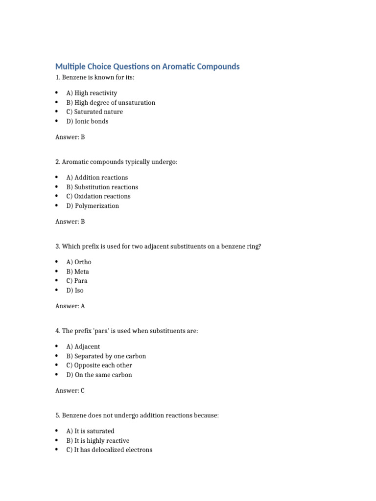 Aromatic Compounds MCQ Practice | PDF | Aromaticity | Benzene