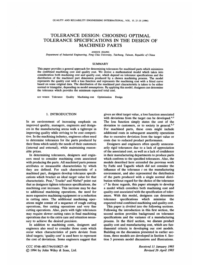 Machining Tolerances Jeang1994 | PDF | Engineering Tolerance | Loss Function
