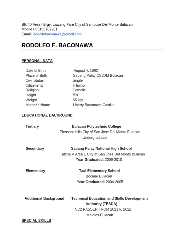 Rodolfo Baconawa's Resume Summary | PDF