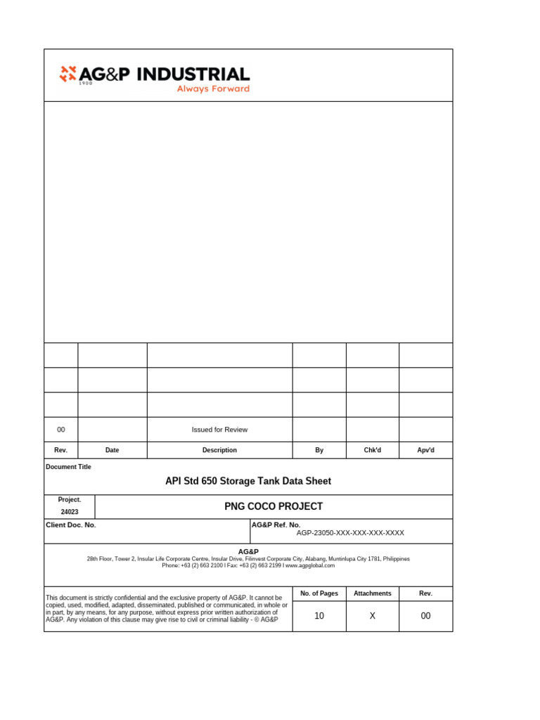 Coco API 650 Tank Data Sheet Template - SI Units | PDF | Roof | Pressure