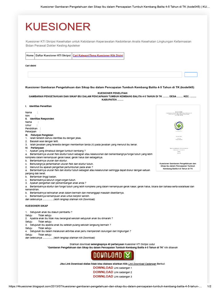 Kuesioner Gambaran Pengetahuan Dan Sikap Ibu Dalam Pencapaian Tumbuh Kembang Balita 4-5 Tahun Di ...