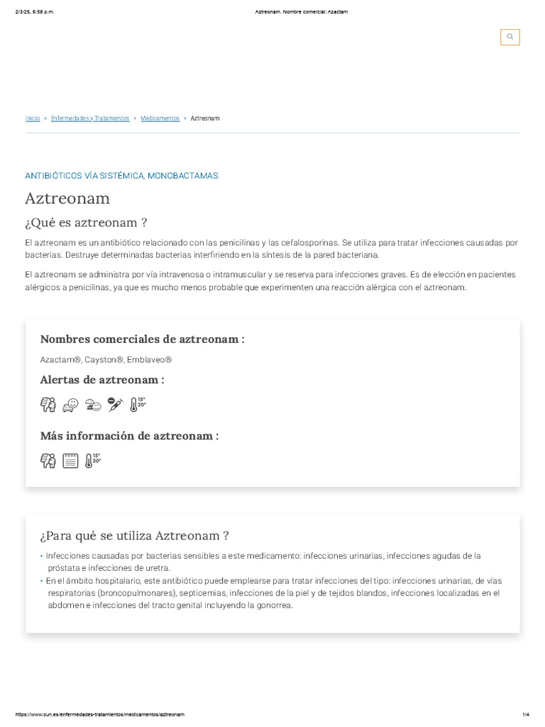 Aztreonam. Nombre Comercial - Azactam | PDF | Penicilina | Infección ...