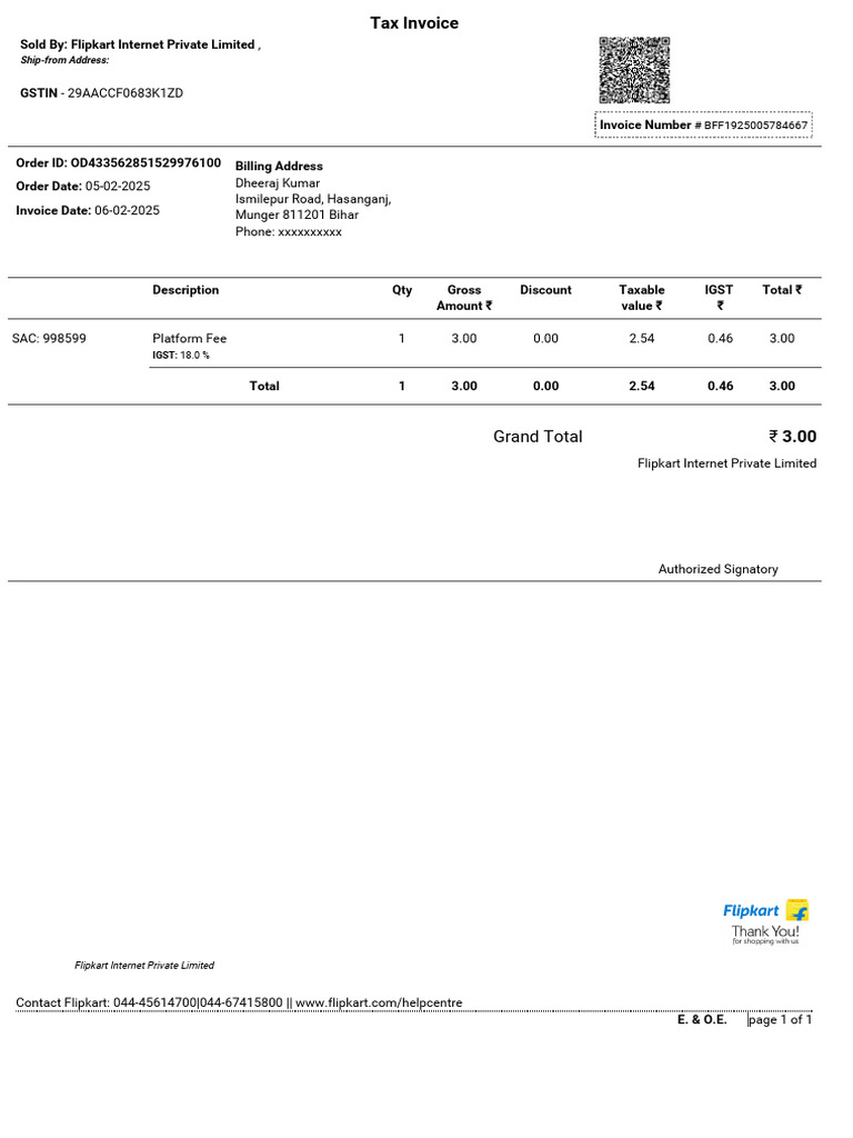 Flipkart Tax Invoice for Order OD433562851529976100 | PDF | Invoice | Taxes