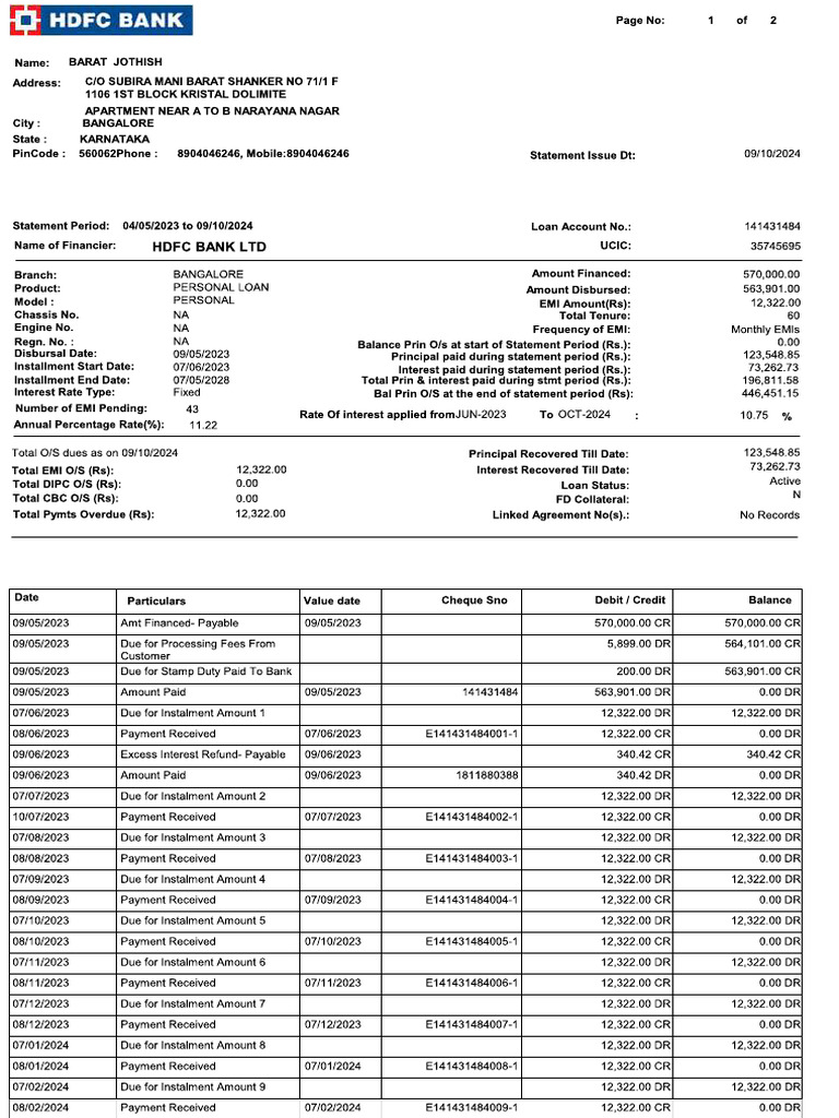 HDFC Loan Statement | PDF