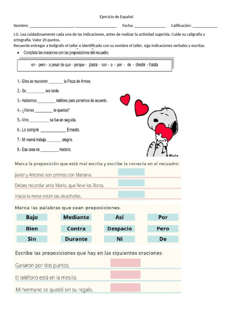 Ejercicio de Las Preposiciones | PDF