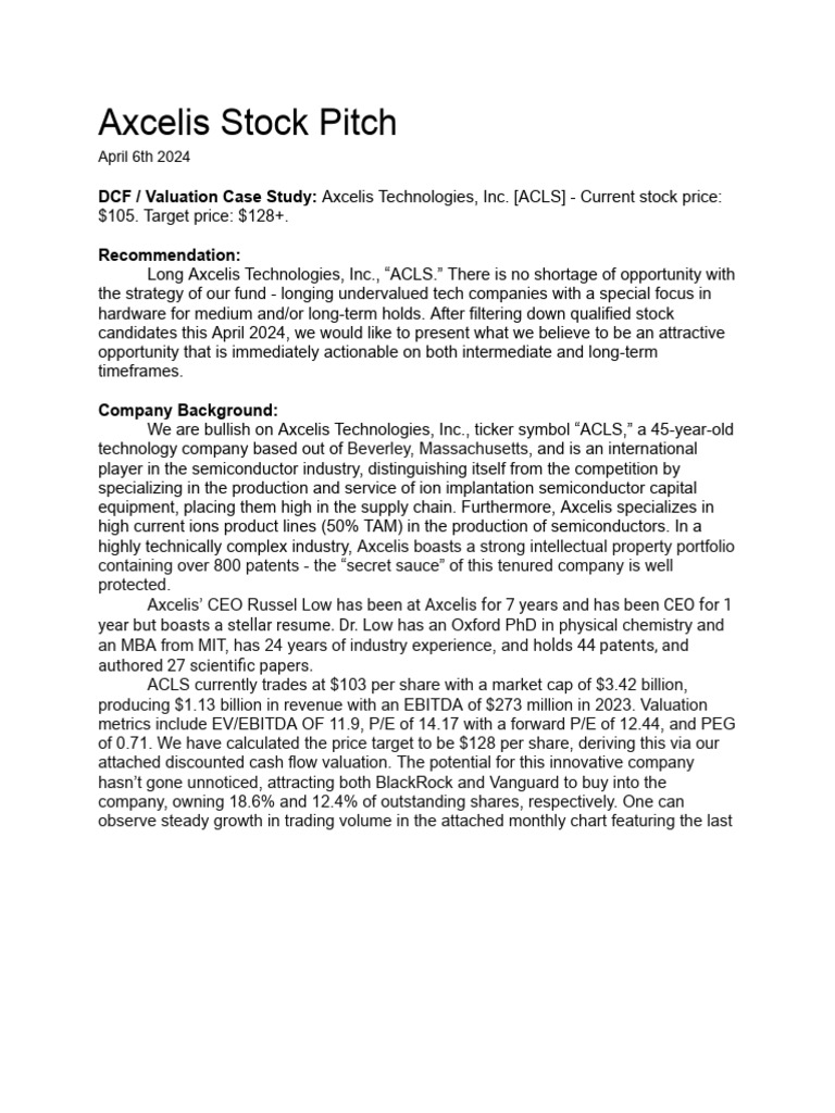 Axcelis Stock Pitch | PDF | Discounted Cash Flow | Capital Asset ...