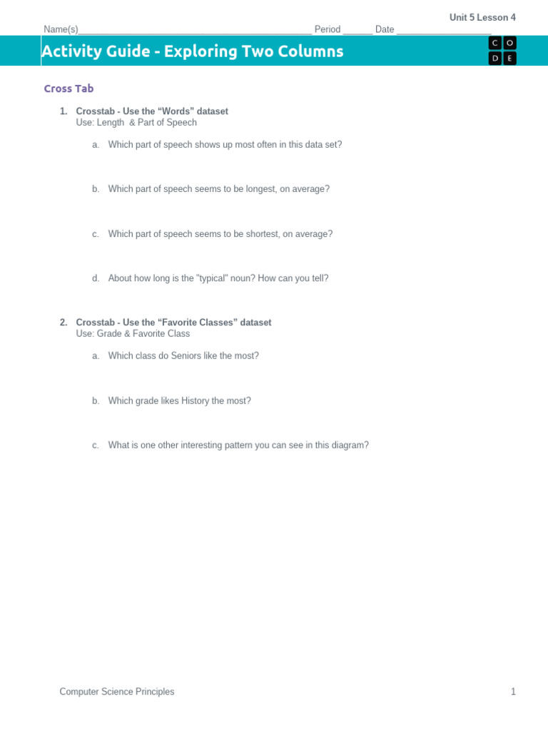 Activity Guide - Exploring Two Columns - Unit 5 Lesson 4 | PDF