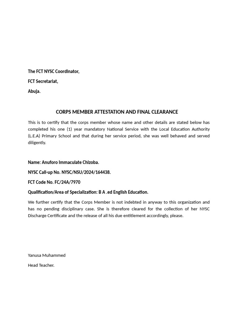 NYSC Final Clearance for Anuforo 2024 | PDF